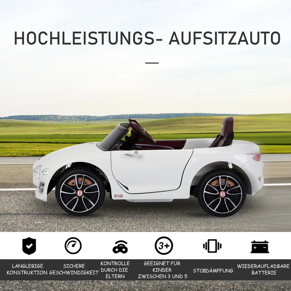HOMCOM Dětské elektrické autíčko Bentley GT v licenci s dálkovým ovládáním, 2 x 390 motorů, bílé, 108 x 60 x 43 cm, pro děti
