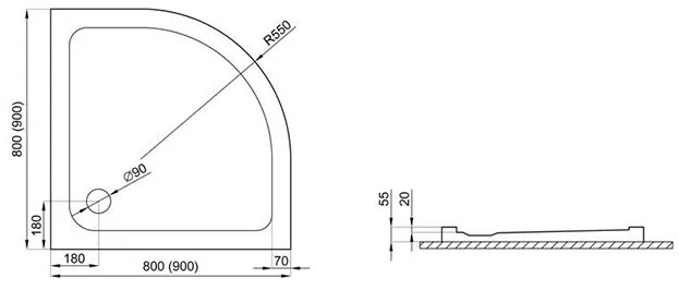 Polimat Čtvrtkruhová akrylátová sprchová vanička Standard 80x80 (90x90) Barva: Bílá, Rozměry (cm): 80x80