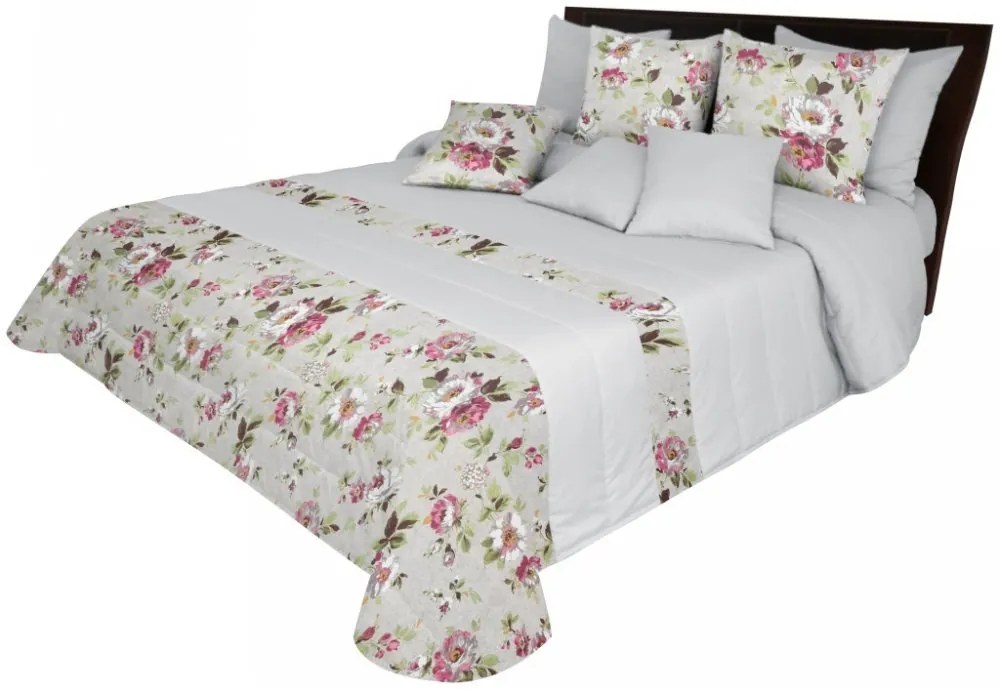 Šedý prošívaný přehoz na postel s květinovým motivem Šířka: 220 cm | Délka: 240 cm.