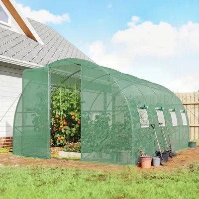 Outsunny skleník cca 4 x 3 x 2 m, fóliový skleník se zamykatelnými dveřmi s dorazem, 8 oken s rolovacím síťováním, podpěrné tyče