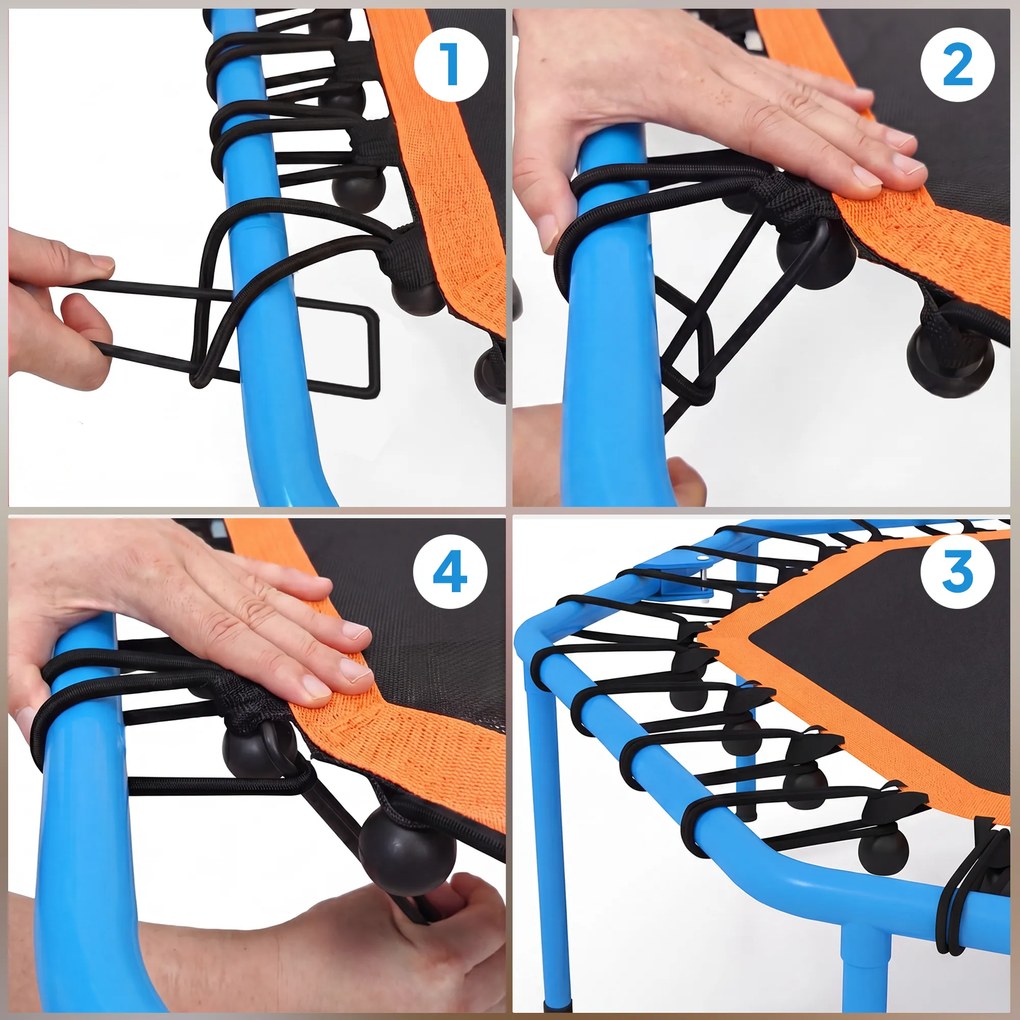 Fitness trampolína, tréninková trampolína s nastavitelnou rukojetí, stabilní a tichá, pro interiér, ocel, modrá barva