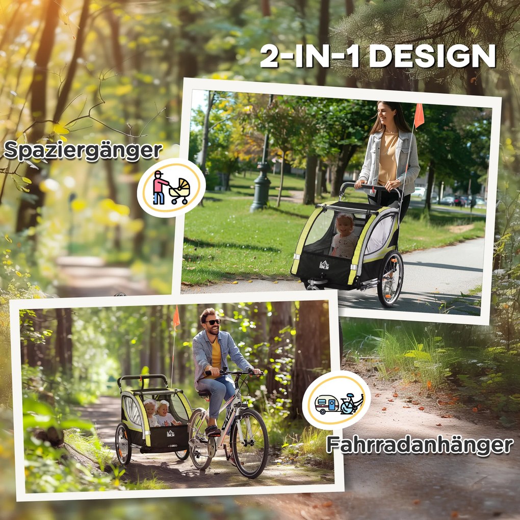 HOMCOM Dětský cyklistický přívěs 2 v 1 s odpružením, síťované dveře, přední kolo otočné o 360°, brzda, žlutá+černá, 142x75x101cm