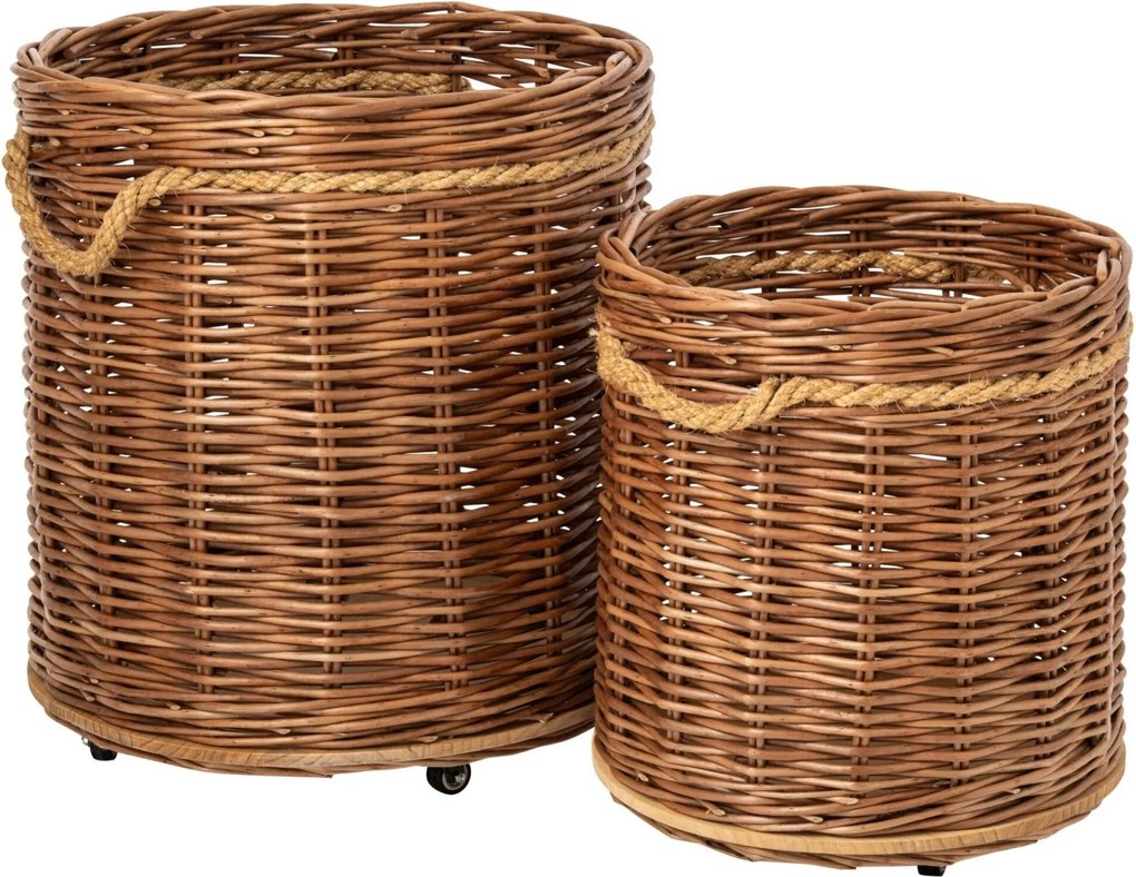 Sada 2ks hnědý proutěný koš / květináč na kolečkách – 60*60*66 / 48*48*54 cm