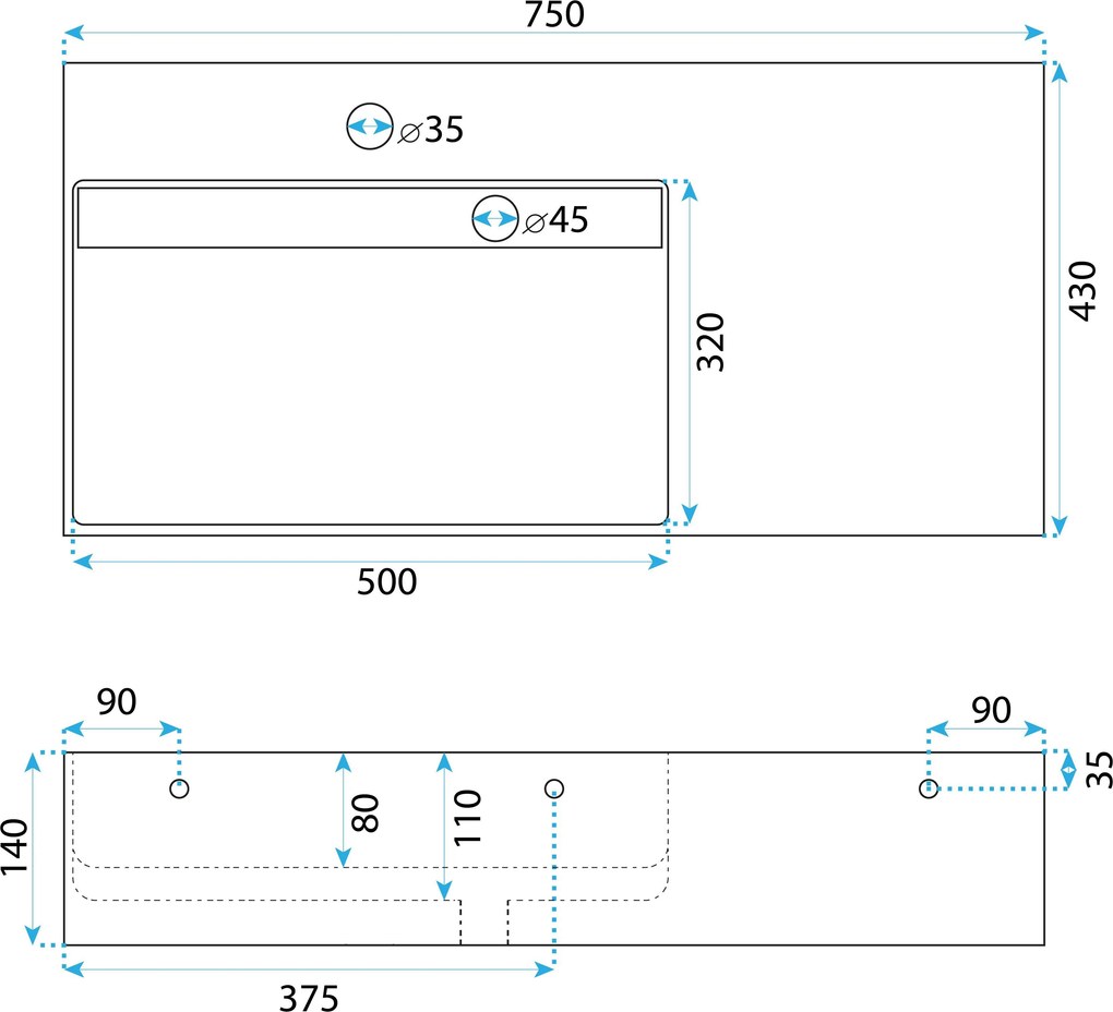 Rea Archi, umyvadlo na desku z konglomerátu 750x430x140 mm, levá verze, šedá matná, REA-U4303