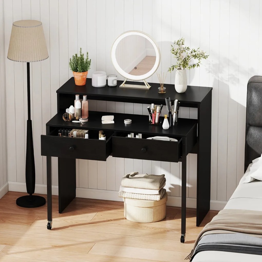 Costway Rozkládací stolek malý s 2 zásuvkami a kolečky – 100 – 100 × 63 × 88 cm