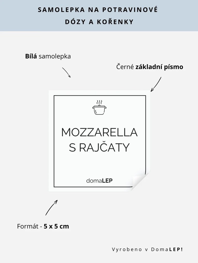 Samolepka na kořenky MOZZARELLA S RAJČATY průhledná 5 × 5 cm základní písmo