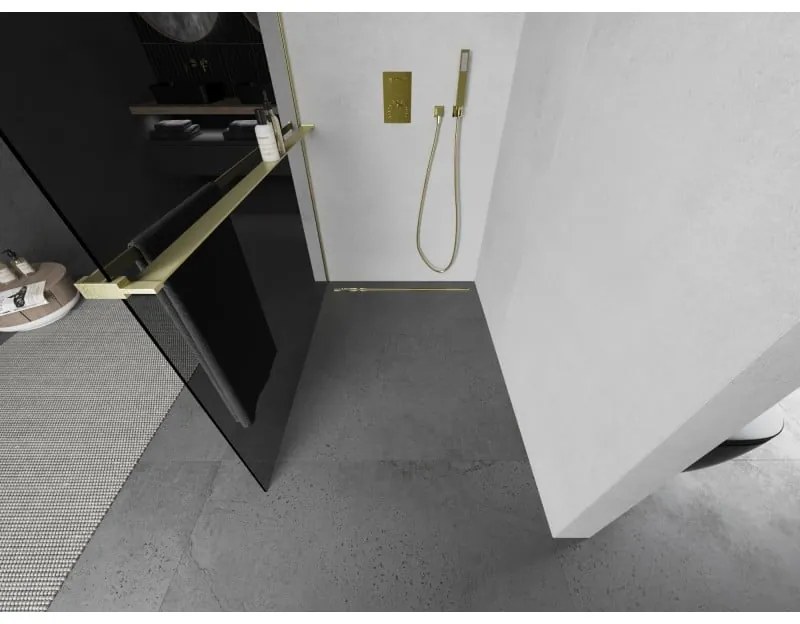 Mexen Kioto+ L, sprchová zástěna Walk-In s poličkou a věšákem 80 x 200 cm, 8mm šedé sklo, zlatý matný profil, 800-080-123-55-40