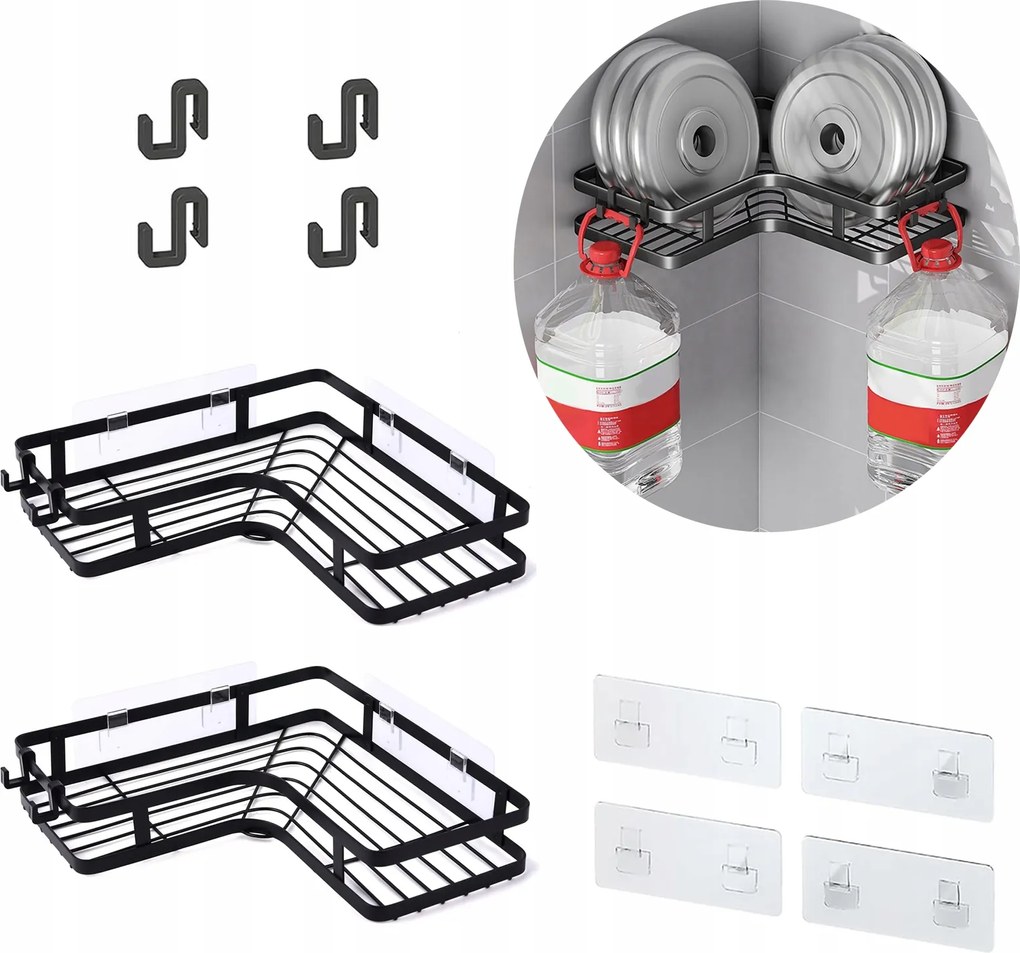 2X Koupelnová Nástěnná Sprchová Police Do Koupelny, Kovová, Černá, Samolepicí