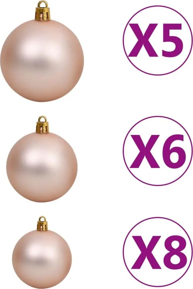 vidaXL Umělý vánoční stromek s LED a sadou koulí 150 cm PET [3077584] Barva: Stříbrná a růžová