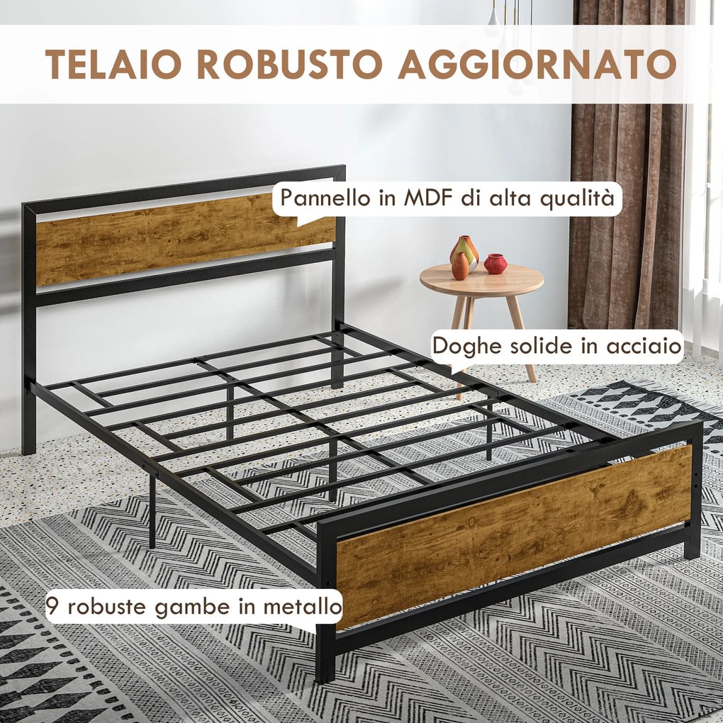 HOMCOM Jednolůžkový rám postele z dřeva a oceli 147x208x103cm, Integrované lamely a čelo v industriálním stylu, Černé a rustikální hnědé