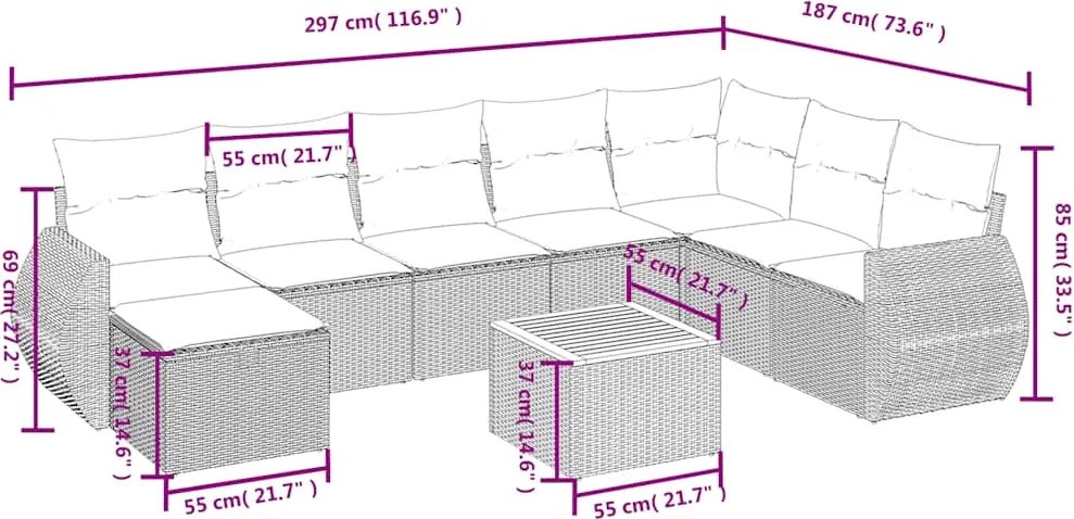 9dílná zahradní sedací souprava s polštáři šedá polyratan 3265100