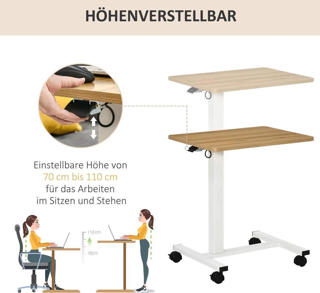 HOMCOM Stůl Sit-stand výškově nastavitelný s kolečky Prostorově úsporný stůl na notebook ve tvaru C přírodní bílá 70-110 cm do 70 kg | Aosom.de