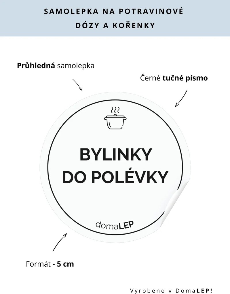 Samolepka na kořenky BYLINKY DO POLÉVKY průhledná 5 cm tučné písmo