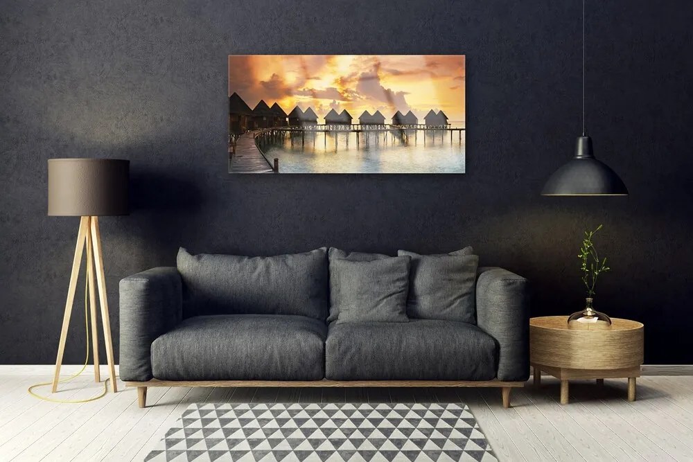 akrylový obraz Moře Prázdniny Domky 100x50 cm