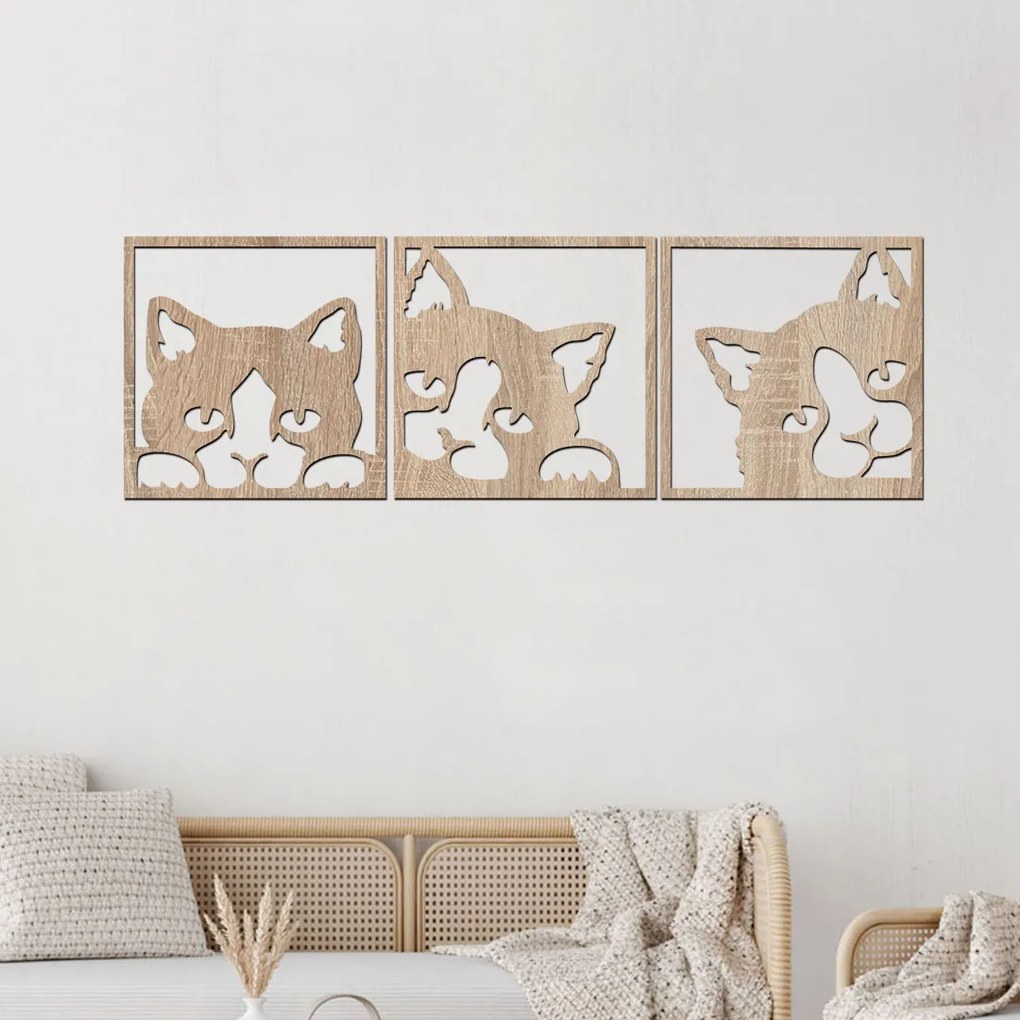 dřevo života 3 dílný dřevěný obraz koček Zvolte rozměr (cm): 180x60, Zvolte barvu dekoru: Bílá