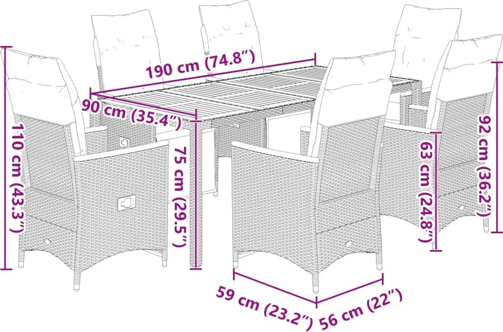 7dílný zahradní bistro set s poduškami černý polyratan 3276963