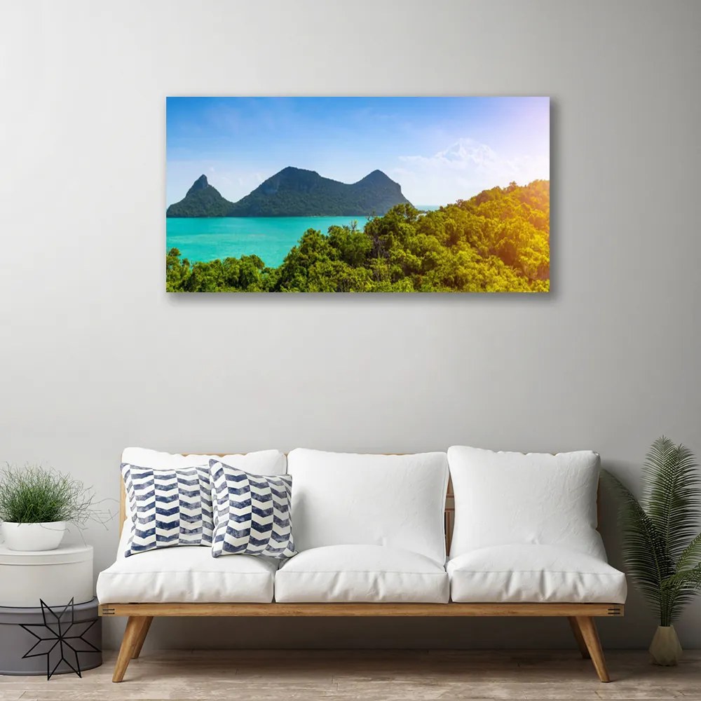 Obraz na plátně Hory Moře Stromy Krajina 125x50 cm