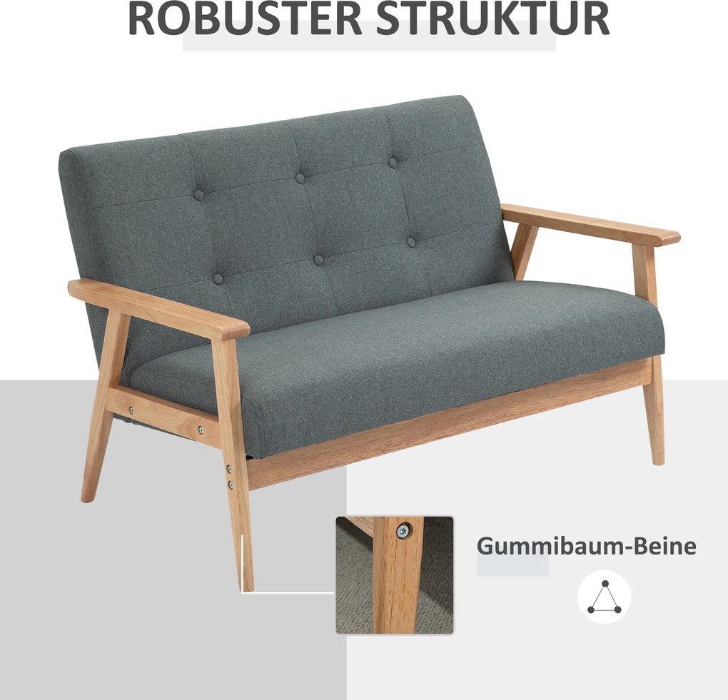 HOMCOM Dvoumístná pohovka Loveseat 2-místná s čalouněním kompaktní design v kombinaci lnu a kaučukovníku šedá 115x66,5x73cm do obývacího pokoje | Aos…