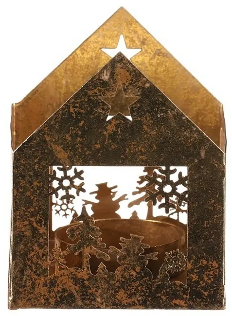 Kovový svícen Domeček, zlatá, 8 x 8 x 10 cm