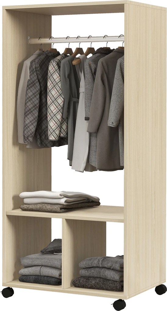 HOMCOM Skříň s kolečky - Otevřený design, organizér s šatní tyčí a policemi pro oblečení do ložnice 60x40x128 cm - Přírodní dřevo