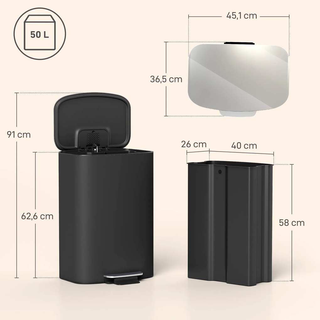 HOMCOM 50 l kuchyňský odpadkový koš se šlapacím pedálem, měkké dovírání a funkce otevření 90° – nerez/černá, 45,1 × 36,5 × 62,6 cm