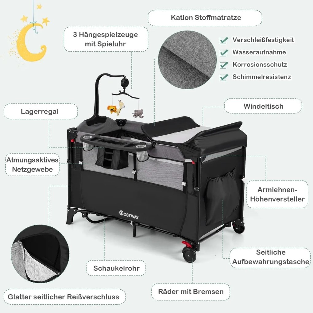 Costway Konvertibilní dětská postýlka 5 v 1 s přebalovacím pultem a úložnou