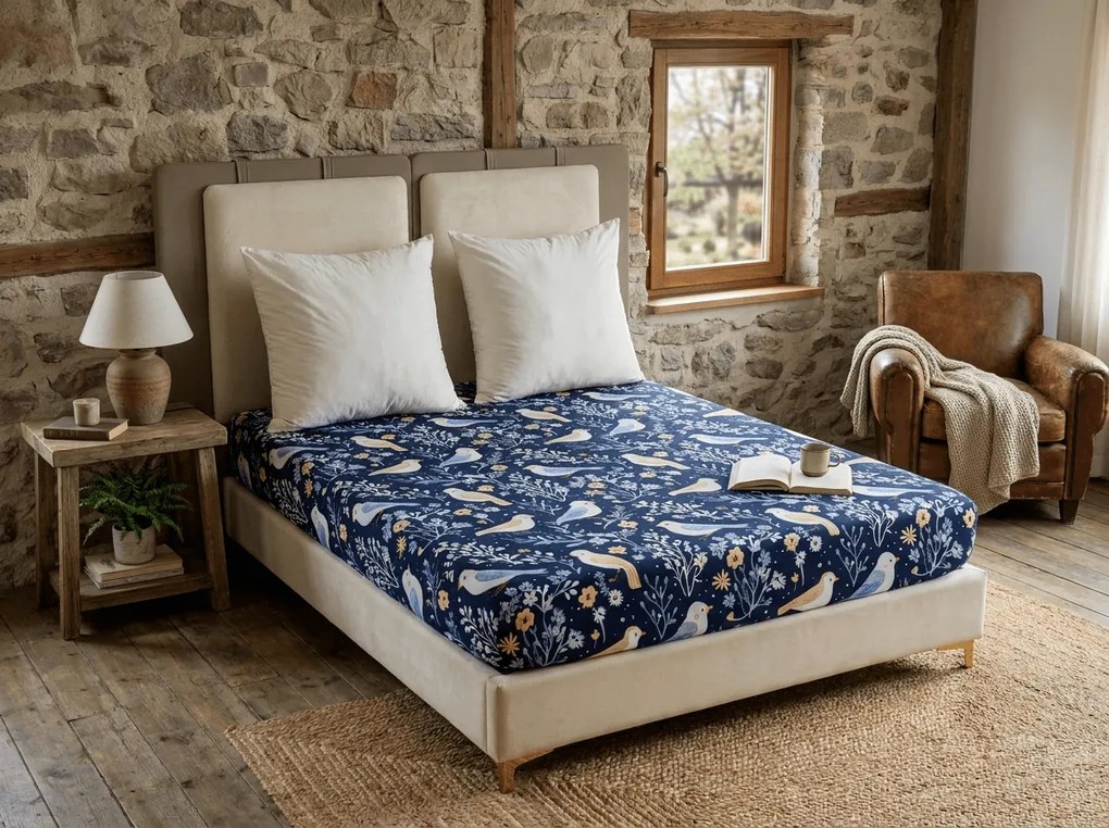 Prostěradlo z mikrovlákna DENIM BIRDS modré 90x200 cm
