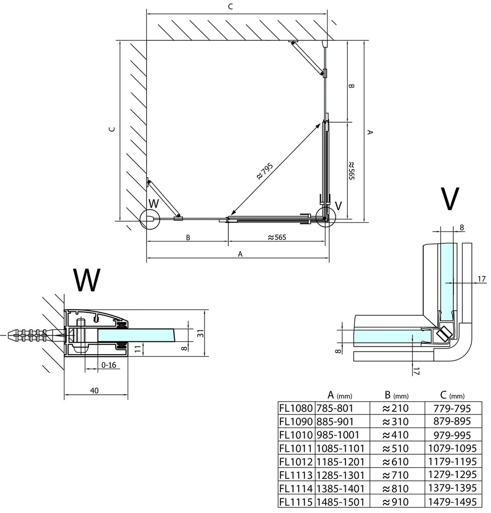 Polysan, FORTIS LINE sprchové dveře 1000mm, čiré sklo, pravé, FL1010R