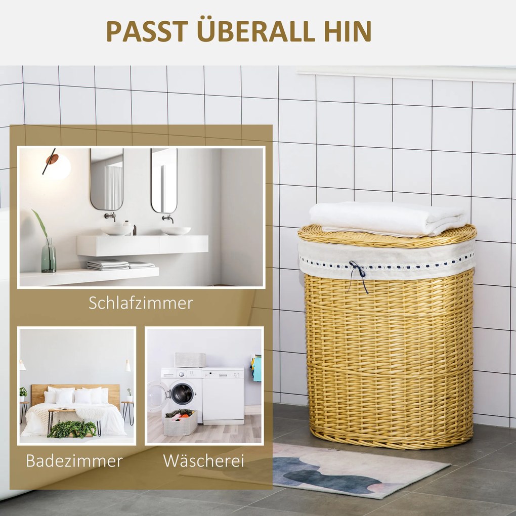 HOMCOM Koš na prádlo s víkem z proutí 100L 51x38x57cm Přírodní box na prádlo do ložnice a koupelny
