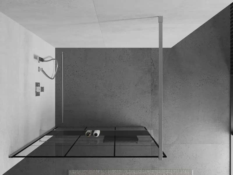 Mexen Kioto+, sprchová zástěna s poličkou a držákem na ručníky 110 x 200 cm, 8mm čiré sklo vzor černý rám, chromový profil, 800-110-121-01-77