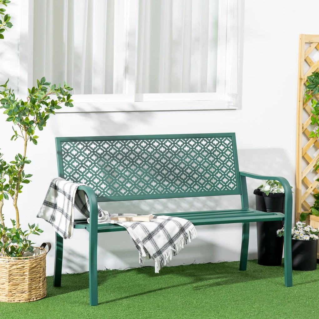 Zahradní lavice HOMCOM s nosností 280 kg, tmavě zelená, 127x63x83 cm, odolná proti povětrnostním vlivům a stabilní, ideální na terasu a zahradu |