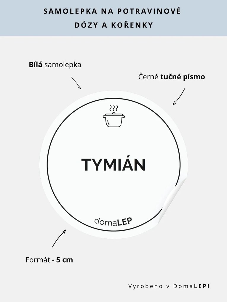 Samolepka na kořenky TYMIÁN bílá 5 cm tučné písmo
