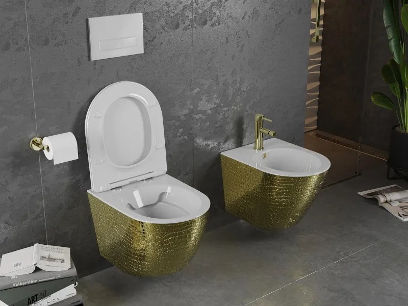 Mexen Lena wc mísa Rimless se zpomalujícím slim sedadlem, duroplast, bílá/zlatý vzor šupiny - 30224008