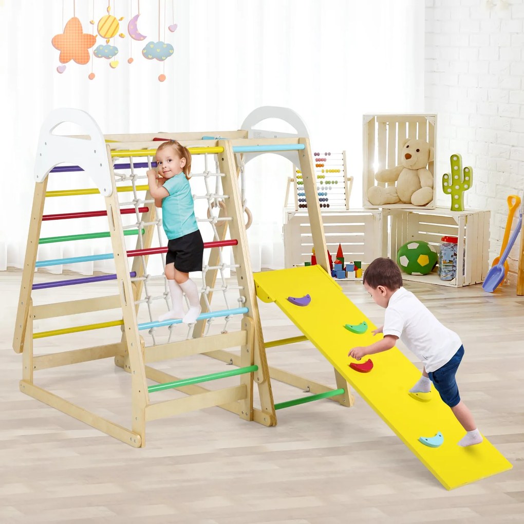 Costway 6-in-1 vnitřní dětské hřiště dřevěná prolézačka se skluzavkou opice