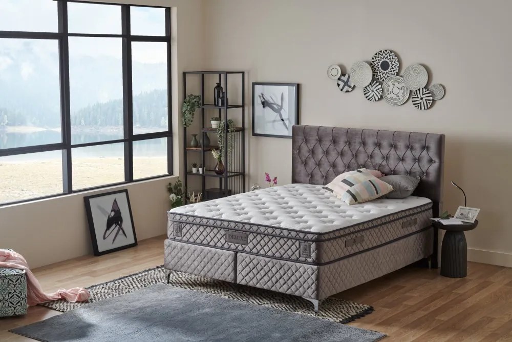 Čalouněná postel DELUXE s matrací - šedá 90 × 200 cm