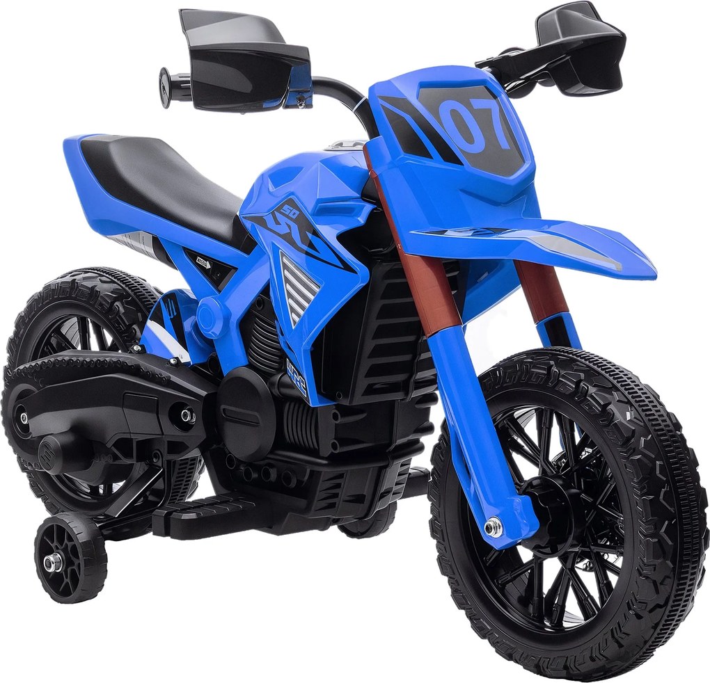 AIYAPLAY Elektrická motorka pro děti 3+ let, 12V, bateriová motorka s tréninkovými kolečky, twist throttle a klakson, nosnost 30 kg, modrá | Aosom