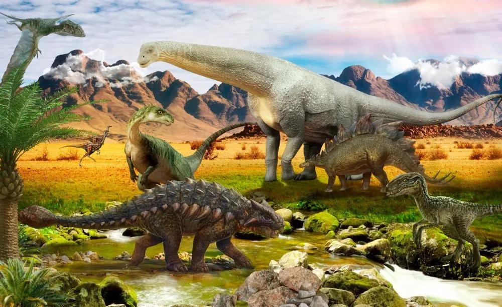 Fototapeta Realističtí Dinosauři U Řeky Omyvatelný vlies 152.5x104