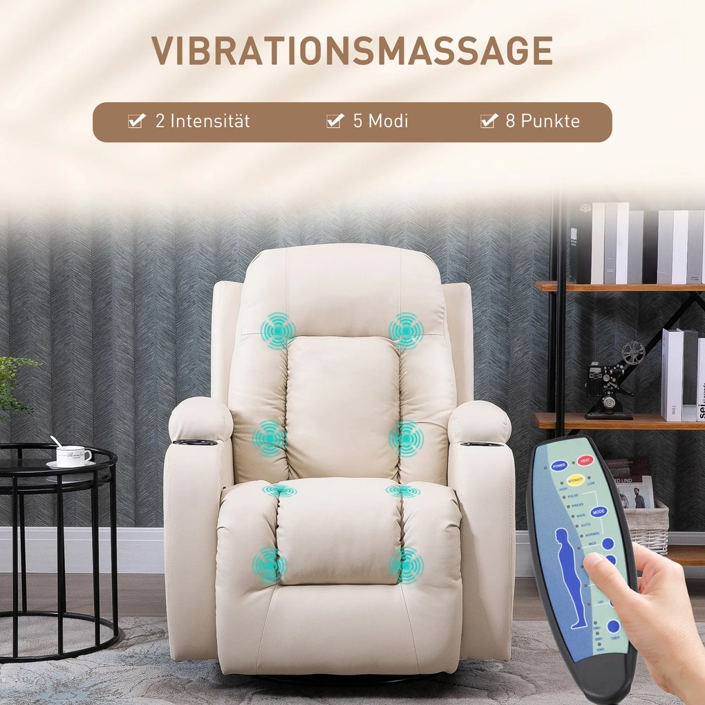 Masážní křeslo HOMCOM, relaxační křeslo, houpací funkce, 8 vibračních bodů, včetně dálkového ovladače, krémové