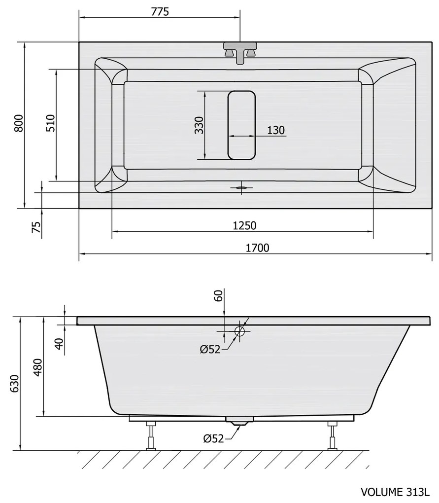 Polysan MARLENE obdélníková vana s konstrukcí 170x80x48cm, bílá, 72412