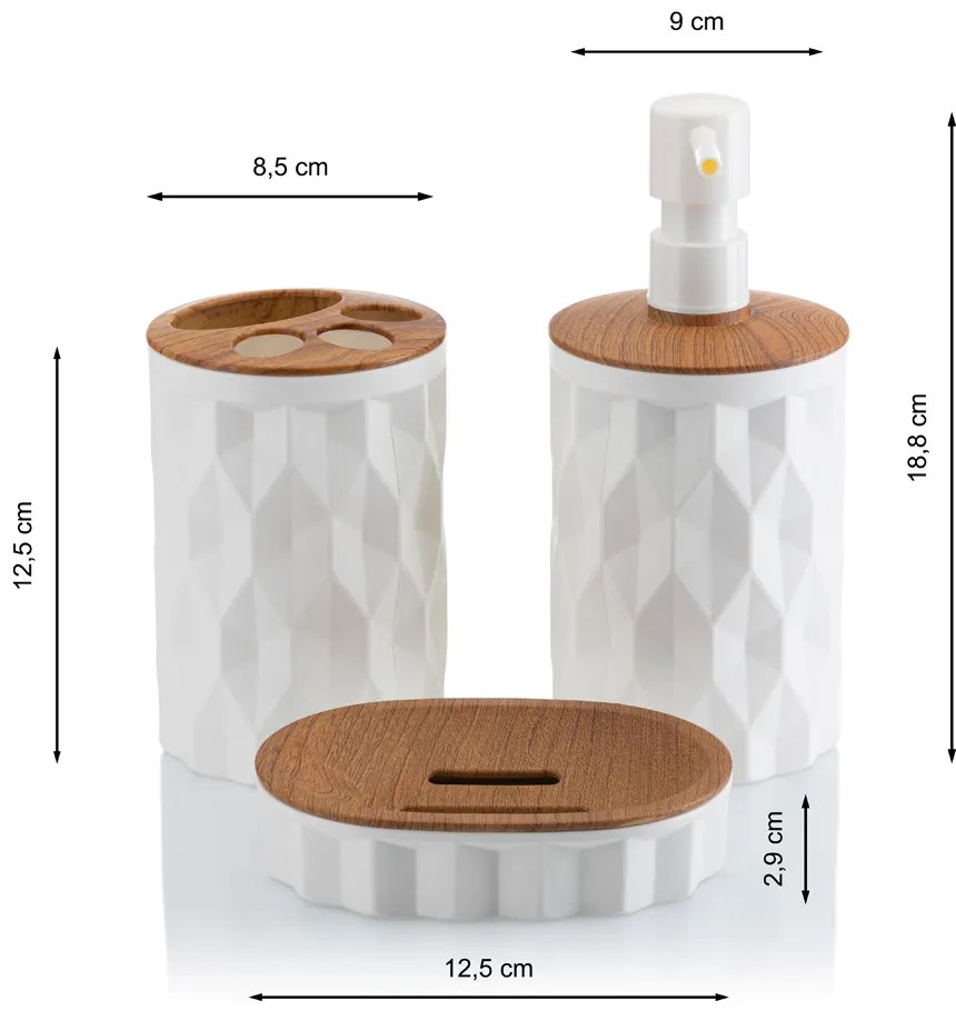 Sada koupelnových doplňků Reina bílá/prvky s povrchovou úpravou v dekoru dřeva