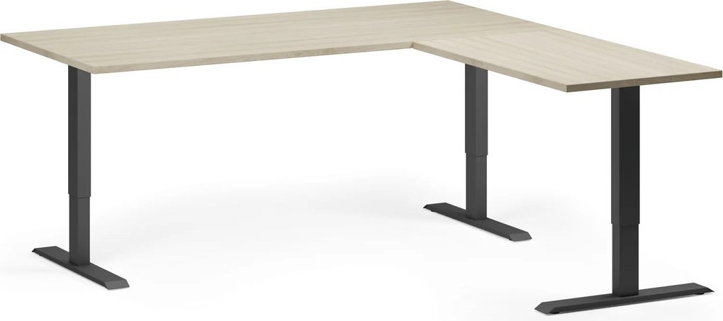 Rohový výškově nastavitelný stůl, 180x180 cm, 3 motory, L/P, černá podnož, dub přírodní
