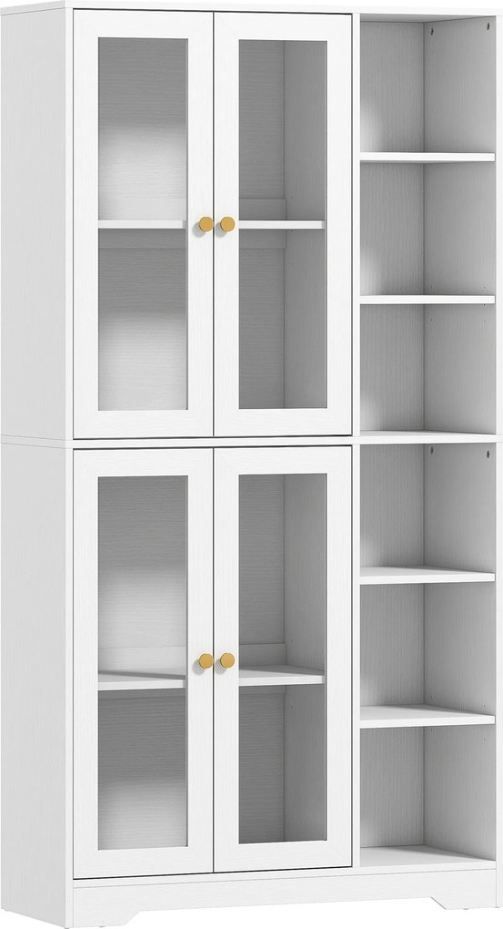 HOMCOM vysoký kuchyňský bufet, vitrínová skříňka se 4 dveřmi ze tvrzeného skla Soft-Close, 90x35x172 cm, bílá