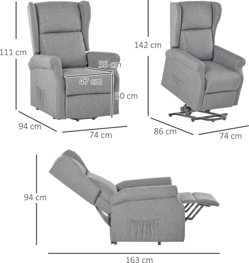 HOMCOM Relaxační křeslo, pomůcka při vstávání, polohovací funkce, do 200 kg, 72,5x94x109 cm, šedé