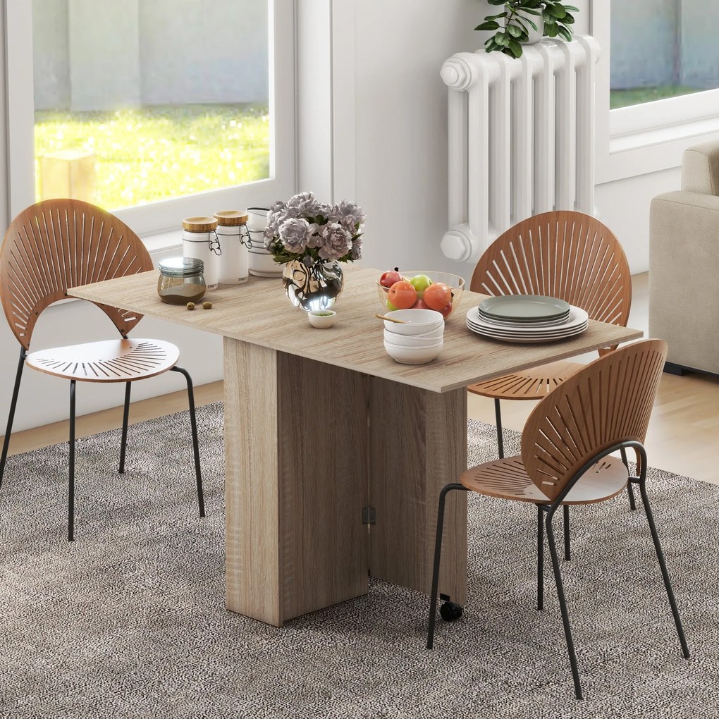 Skládací jídelní stůl HOMCOM – Sklápěcí stůl do kuchyně s kolečky, sklápěcími křídly a policemi pro 4-6 osob 75x140x74 cm Přírodní | Aosom