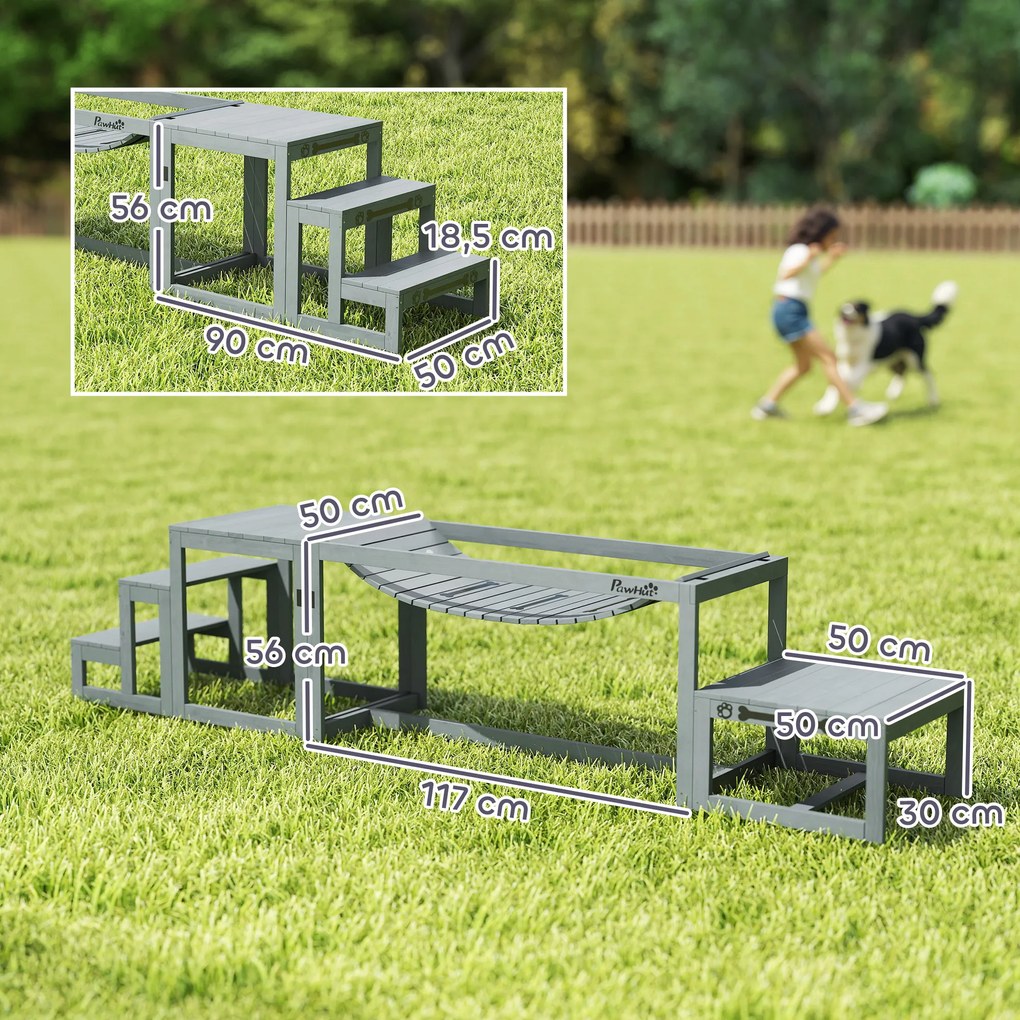 Agility set pro psy 3dílná sada agility vybavení s mostem, schůdky, plošinou, jedlové dřevo, 117 x 50 x 56 cm, šedá barva
