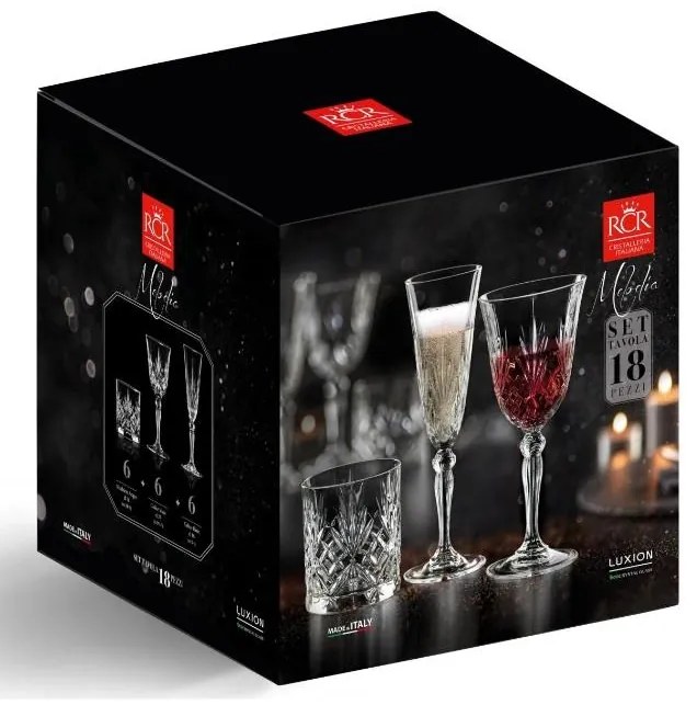 RCR MELODIA SADA SKLENIC NA VÍNO, WHISKY A ŠAMPAŇSKÉ 18 KS