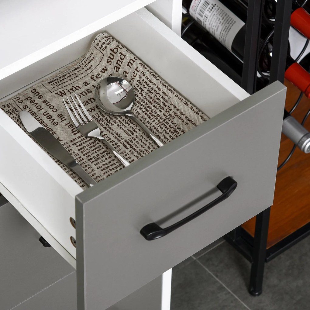 HOMCOM Kuchyňský bufet s více úložnými prostory 2 + 1 dvířka 3 zásuvky + Velký pracovní stůl Rozměry 60L x 40W x 160H cm Šedá Bílá