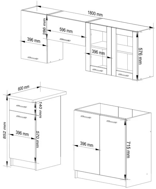 Kuchyňská linka OLIWIA 1.8 m s vitrínou beton