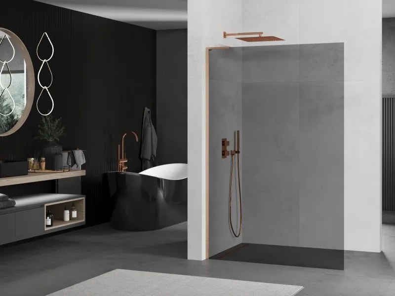 Mexen Kioto L, sprchová zástěna Walk-In 90 x 200 cm, 8mm šedé sklo, měděný matný profil, 800-090-103-65-40