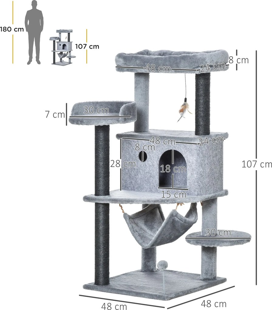 Strom pro kočky PawHut 48x48x107 cm s odnímatelným feltovým hnízdem, hammockem, plyšovými postelemi, více platformami, sisalovými sloupky a hračkami …